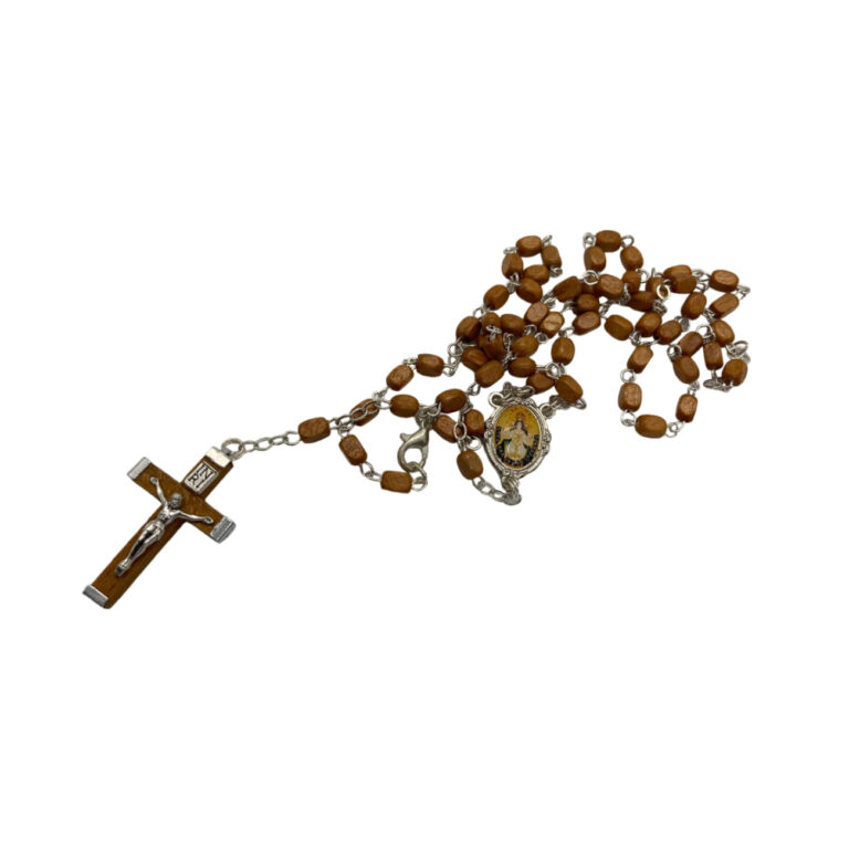 Rosario Cuentas De Madera Con Medalla De La Virgen Y Cruz De Madera